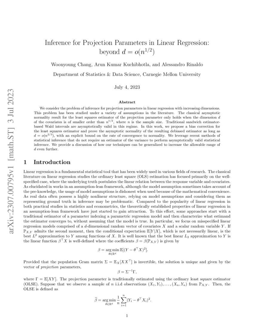 Inference for Projection Parameters in Linear Regression: beyond d = o(n^1/2) | DeepAI