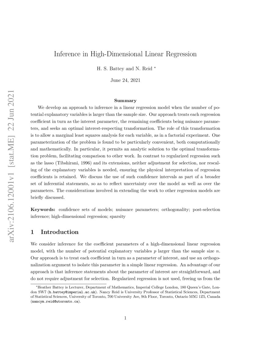 Inference In High Dimensional Linear Regression Deepai