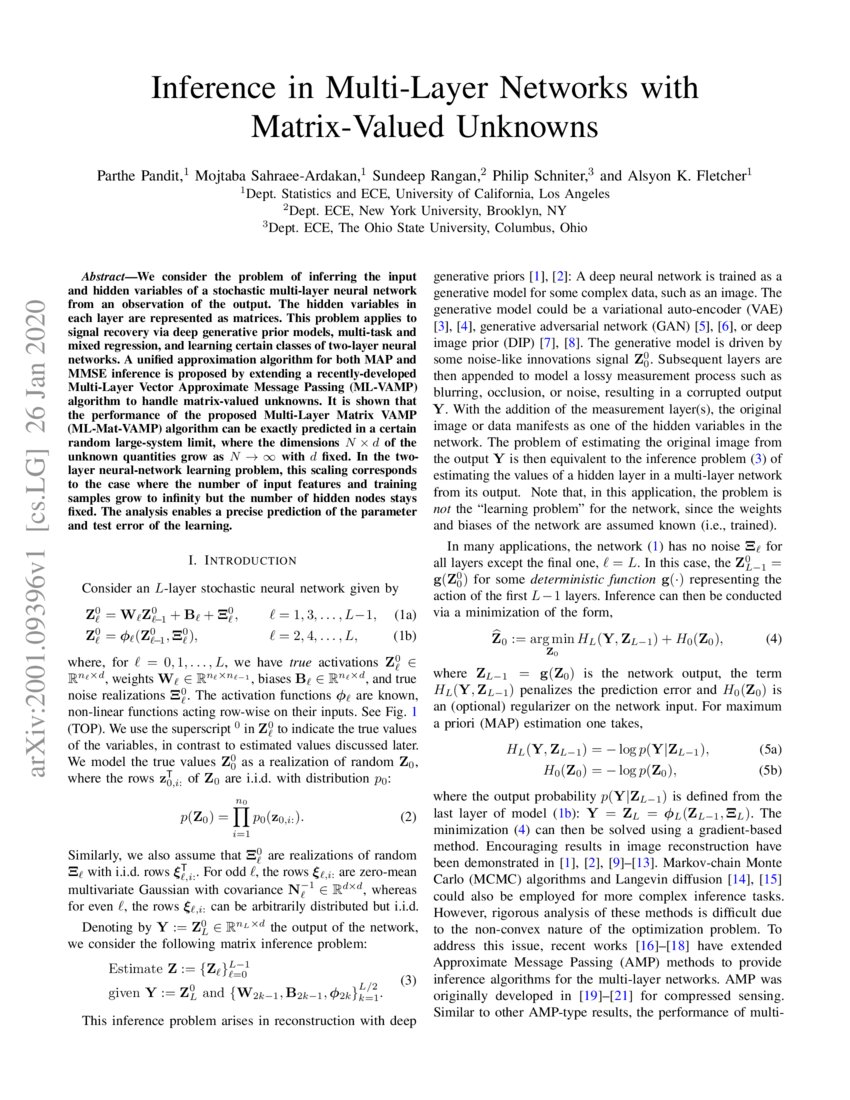 Inference in Multi-Layer Networks with Matrix-Valued Unknowns | DeepAI