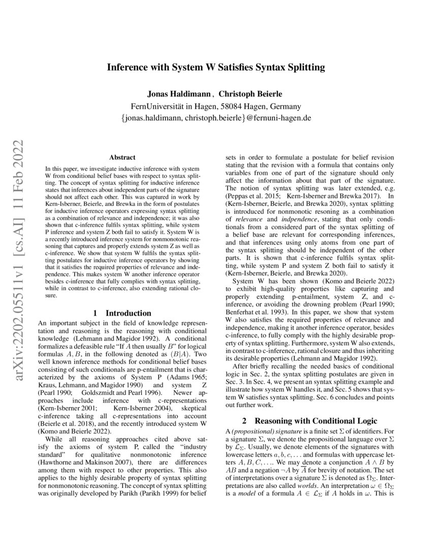 Inference with System W Satisfies Syntax Splitting | DeepAI