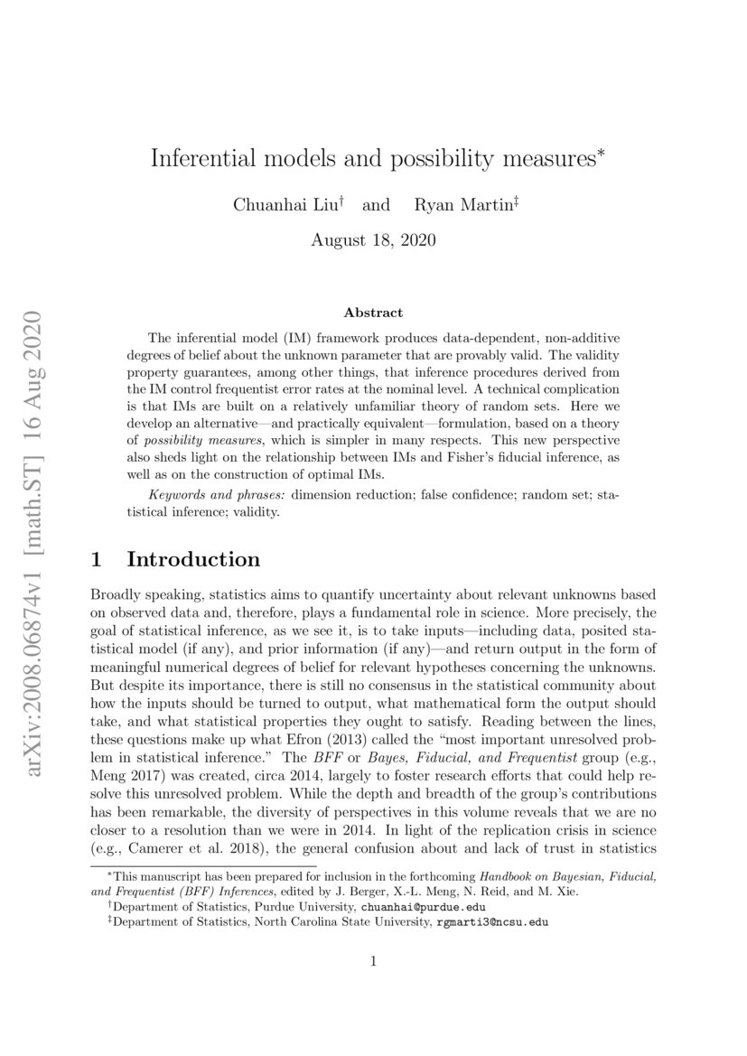 Inferential Models And Possibility Measures Deepai