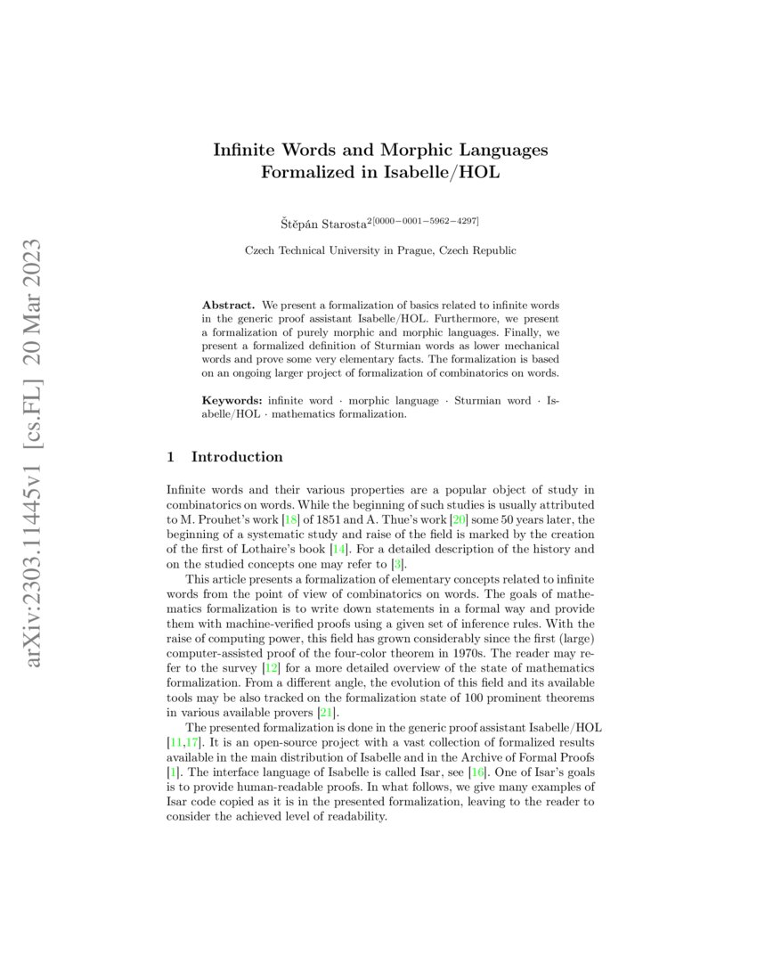 Infinite Words and Morphic Languages Formalized in Isabelle/HOL | DeepAI