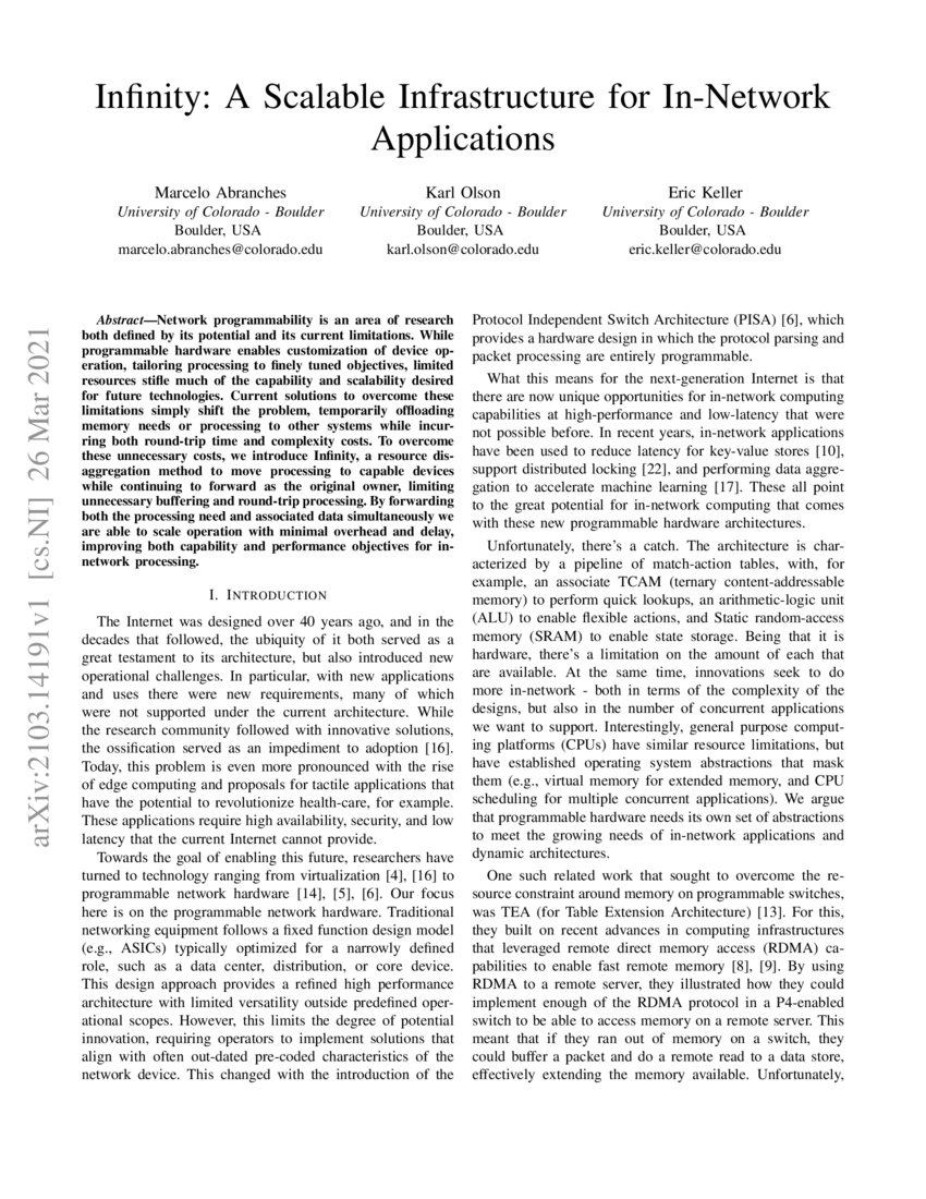 Infinity: A Scalable Infrastructure for In-Network Applications | DeepAI