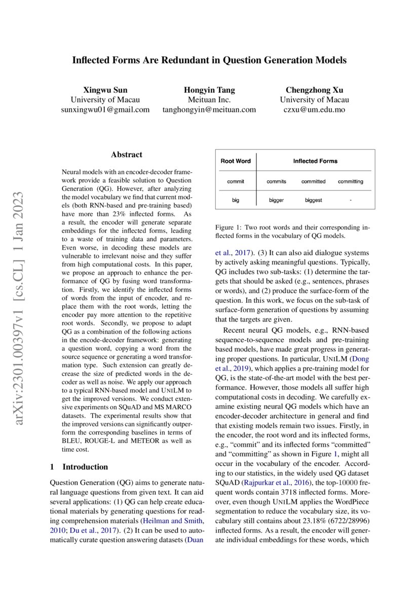 Inflected Forms Are Redundant in Question Generation Models | DeepAI