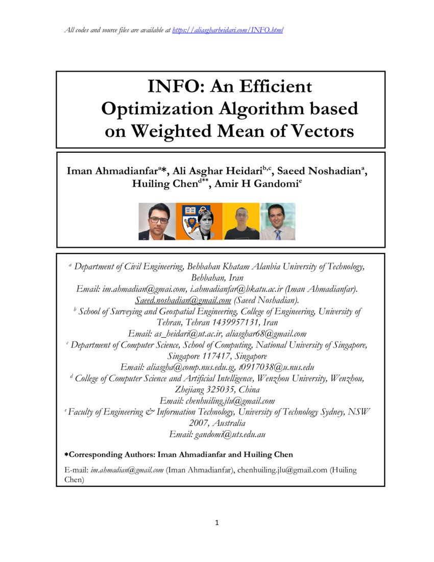Info An Efficient Optimization Algorithm Based On Weighted Mean Of Vectors Deepai 7531
