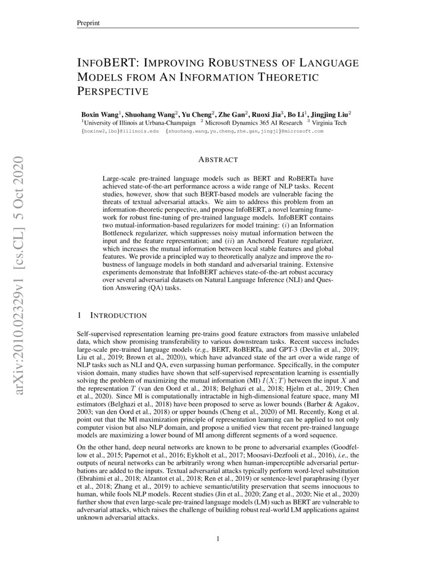 InfoBERT: Improving Robustness of Language Models from An Information Theoretic Perspective | DeepAI