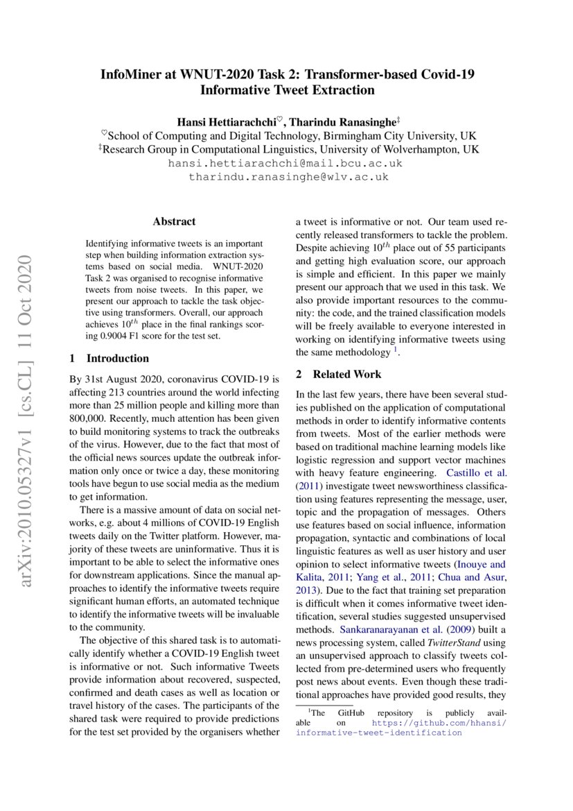InfoMiner at WNUT-2020 Task 2: Transformer-based Covid-19 Informative Tweet Extraction | DeepAI