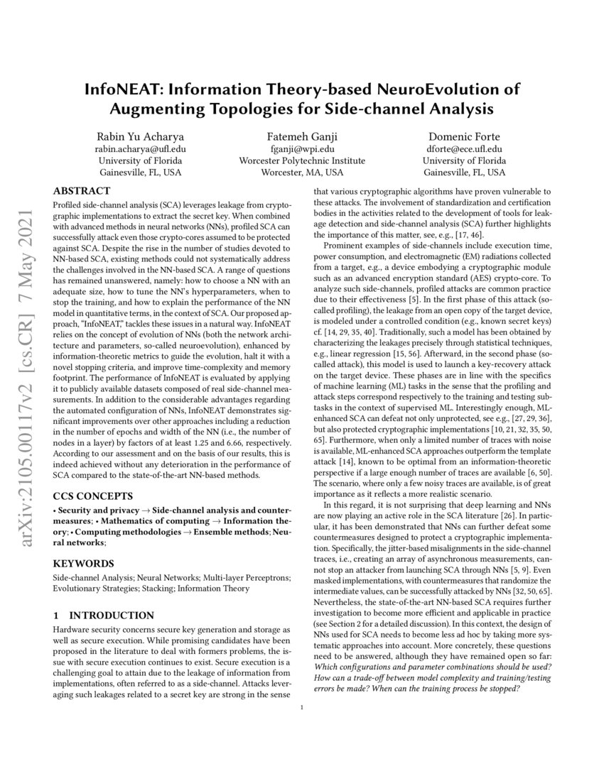 InfoNEAT: Information Theory-based NeuroEvolution of Augmenting Topologies for Side-channel ...