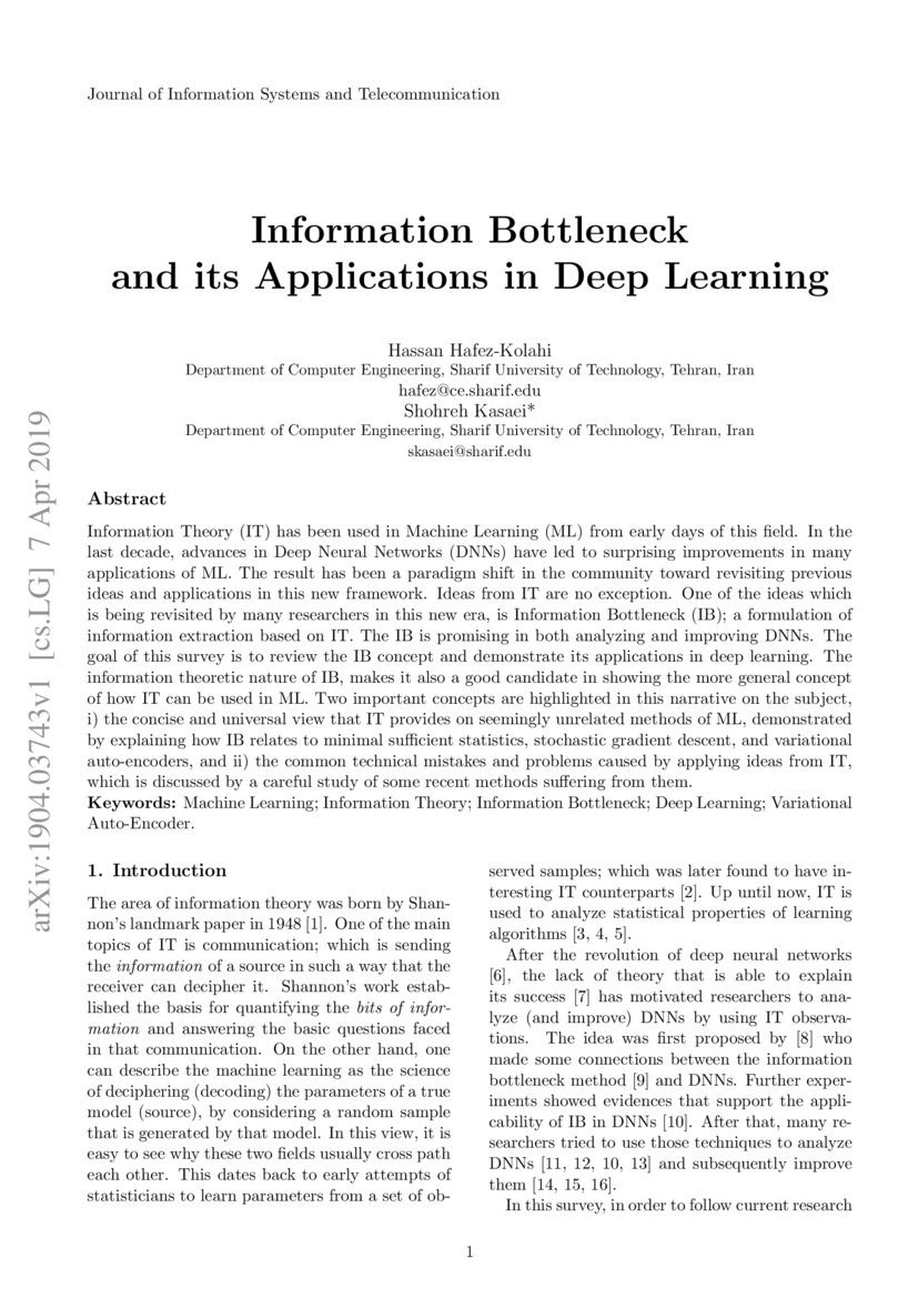 Information Bottleneck And Its Applications In Deep Learning Deepai