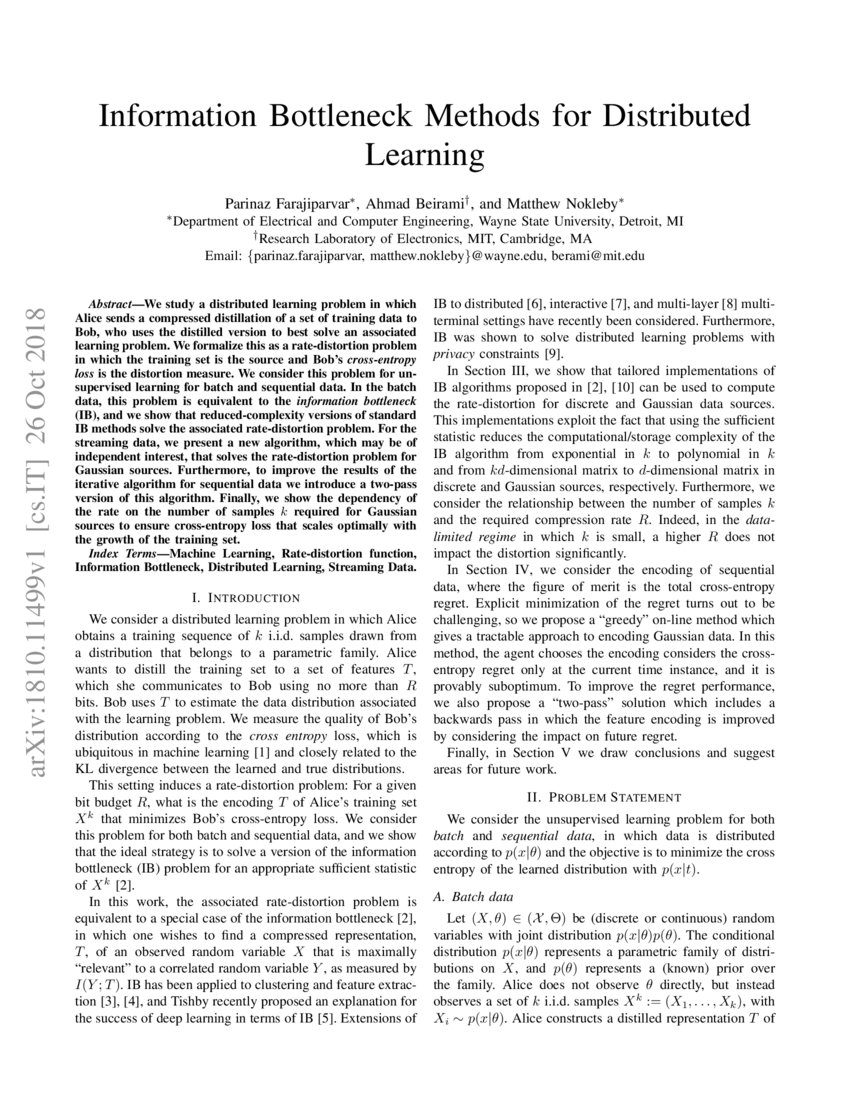 Information Bottleneck Methods for Distributed Learning | DeepAI