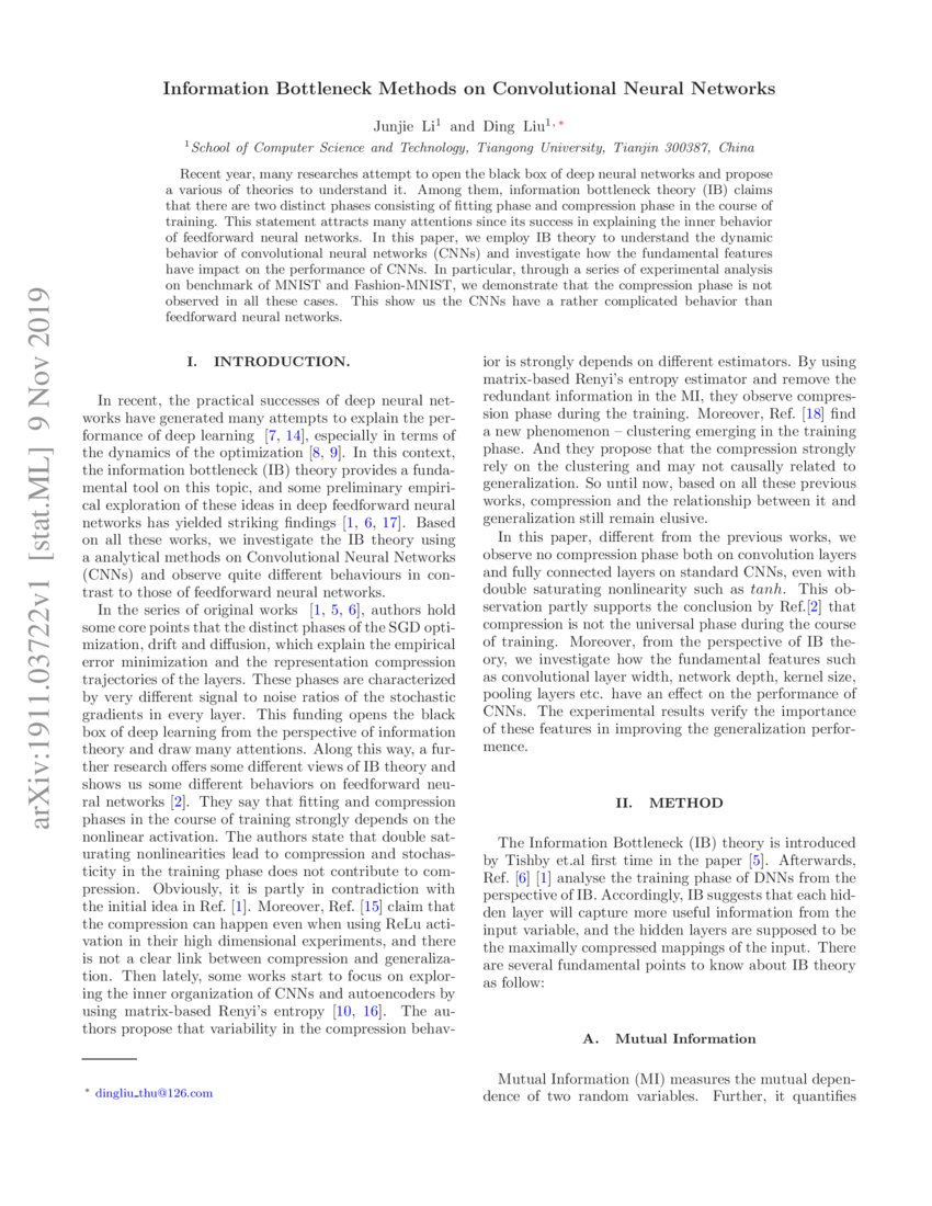 Information Bottleneck Methods On Convolutional Neural Networks Deepai