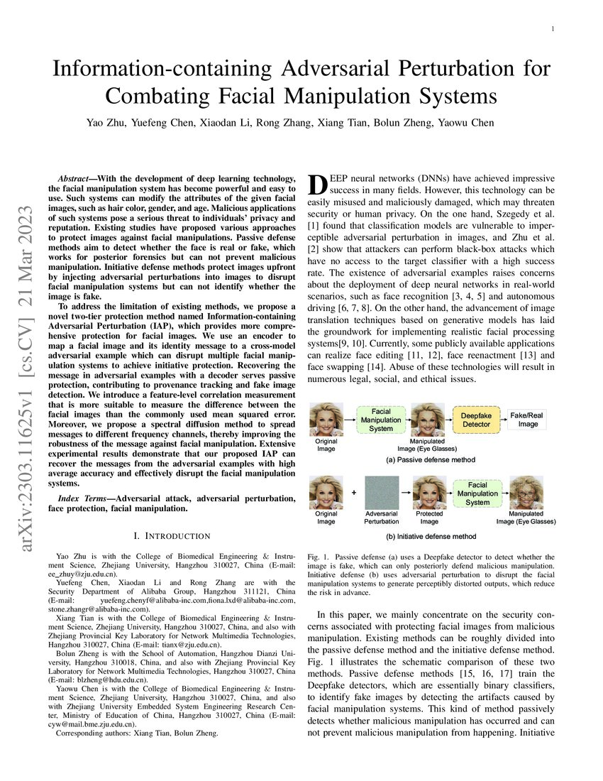 Information Containing Adversarial Perturbation For Combating Facial Manipulation Systems Deepai