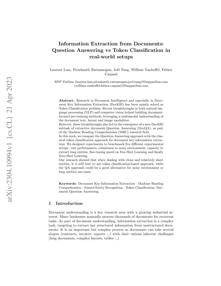 Information Extraction From Documents Question Answering Vs Token Classification In Real World