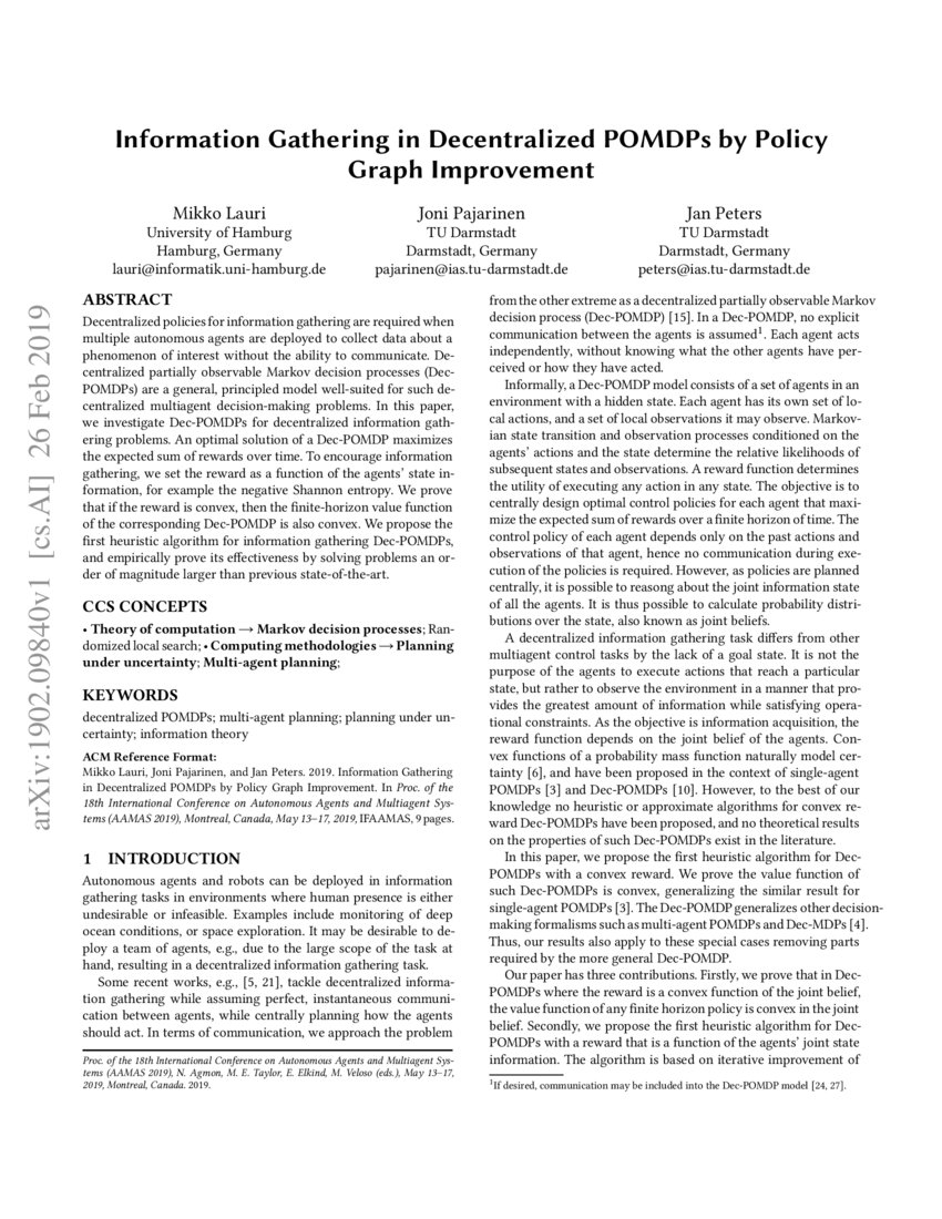 Information Gathering in Decentralized POMDPs by Policy Graph Improvement | DeepAI