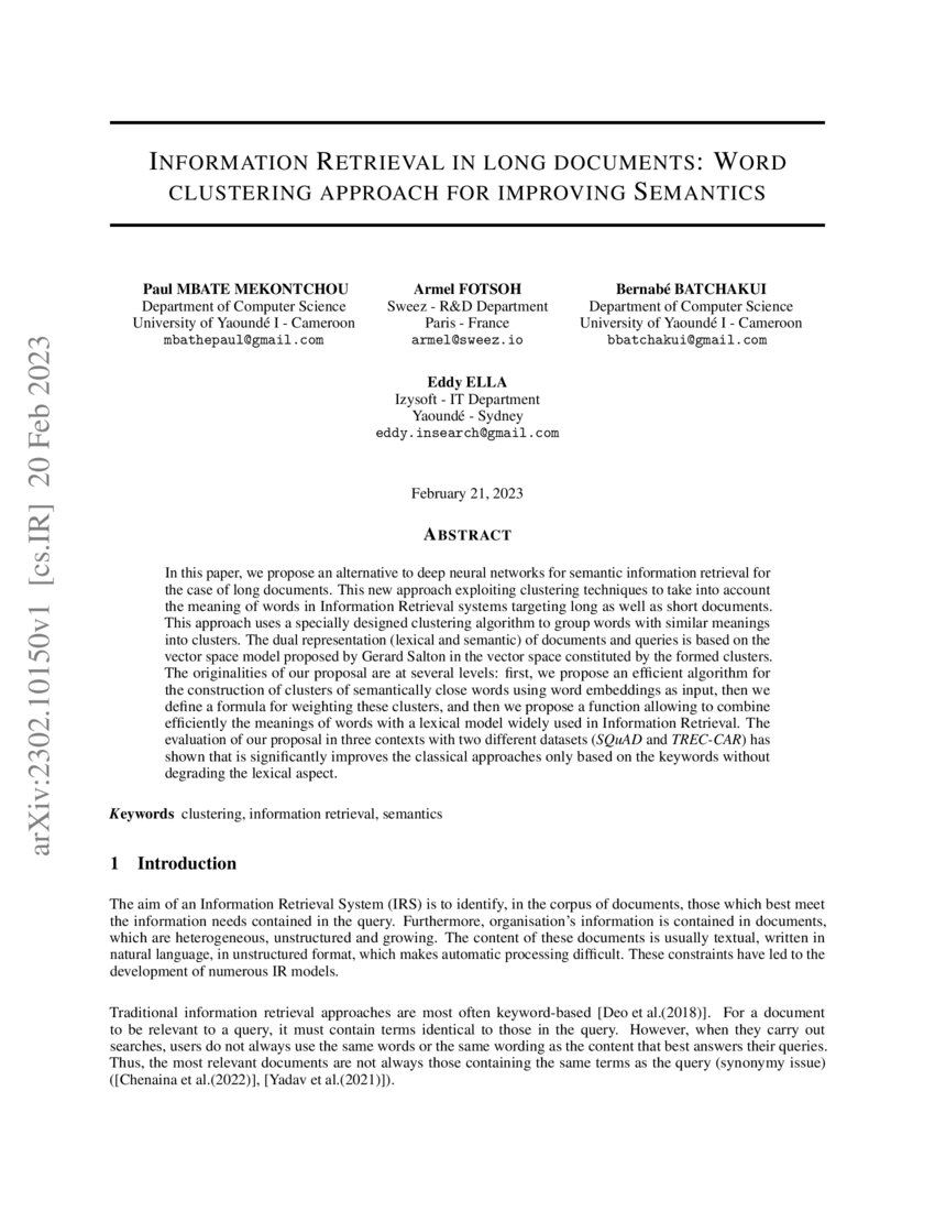 Information Retrieval In Long Documents Word Clustering Approach For Improving Semantics Deepai