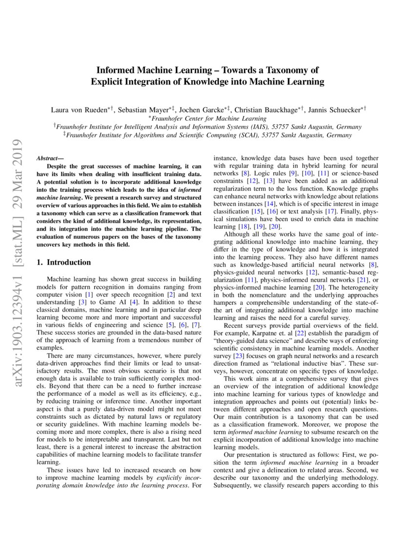 Informed Machine Learning - Towards a Taxonomy of Explicit Integration of Knowledge into Machine ...
