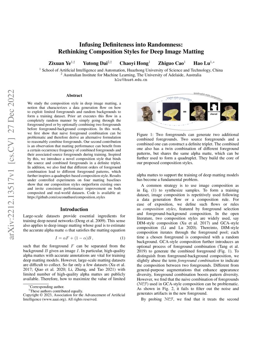 Infusing Definiteness into Randomness: Rethinking Composition Styles for Deep Image Matting | DeepAI