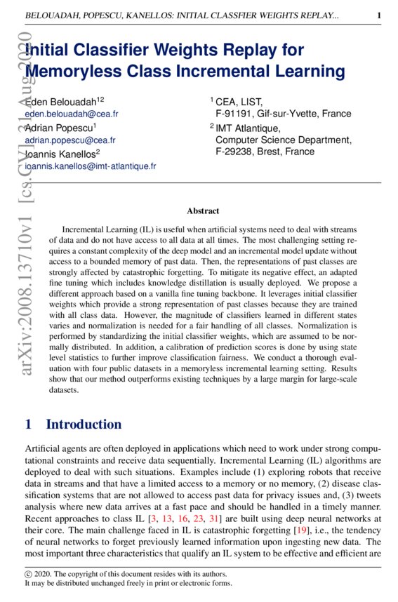 Initial Classifier Weights Replay for Memoryless Class Incremental Learning | DeepAI