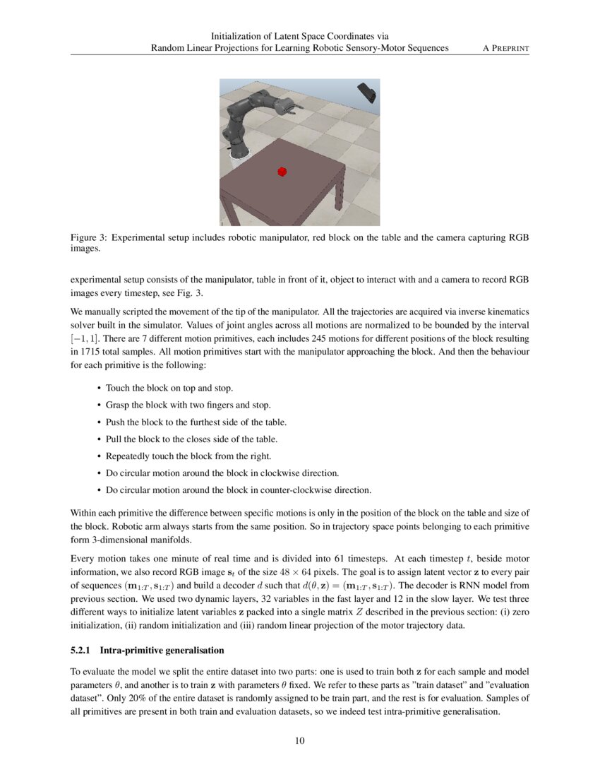 Initialization Of Latent Space Coordinates Via Random Linear Projections For Learning Robotic