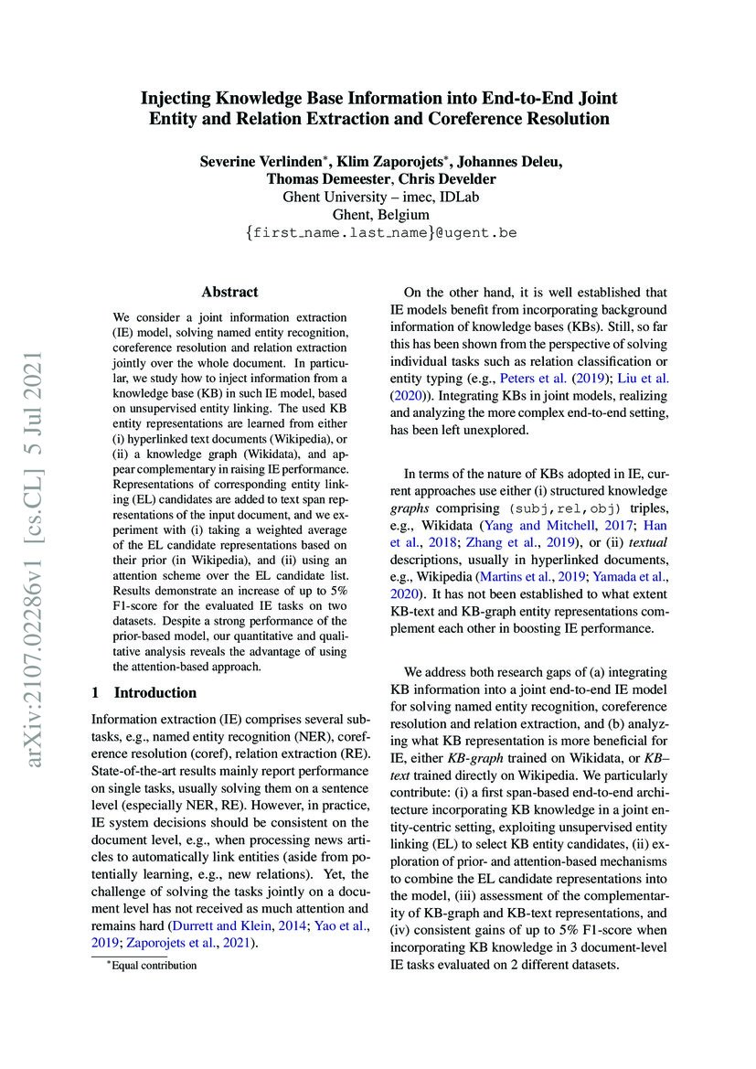 Injecting Knowledge Base Information Into End To End Joint Entity And Relation Extraction And