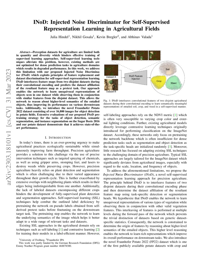 INoD: Injected Noise Discriminator for Self-Supervised Representation Learning in Agricultural ...