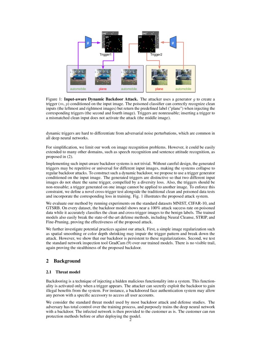 Input-Aware Dynamic Backdoor Attack | DeepAI