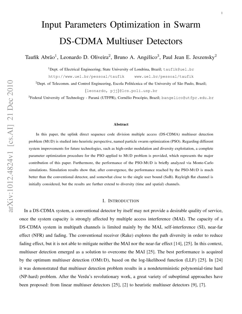 Input Parameters Optimization In Swarm Ds Cdma Multiuser Detectors Deepai