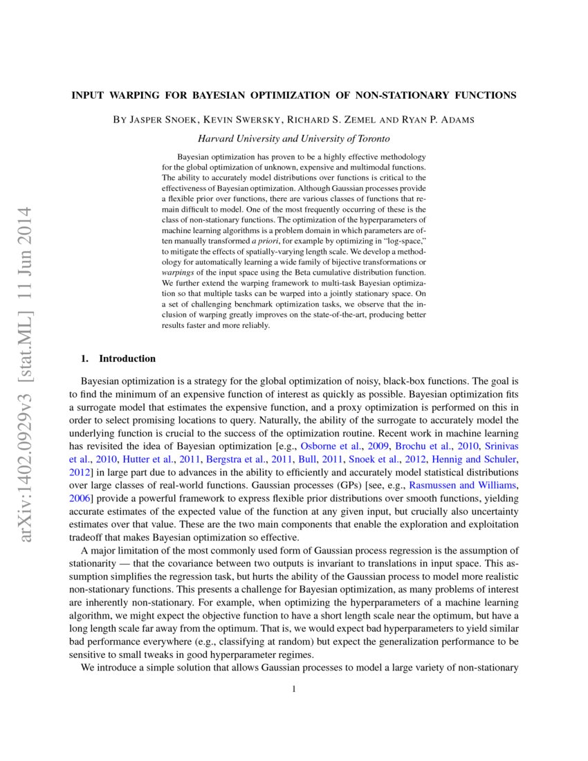 Input Warping for Bayesian Optimization of Non-stationary Functions | DeepAI