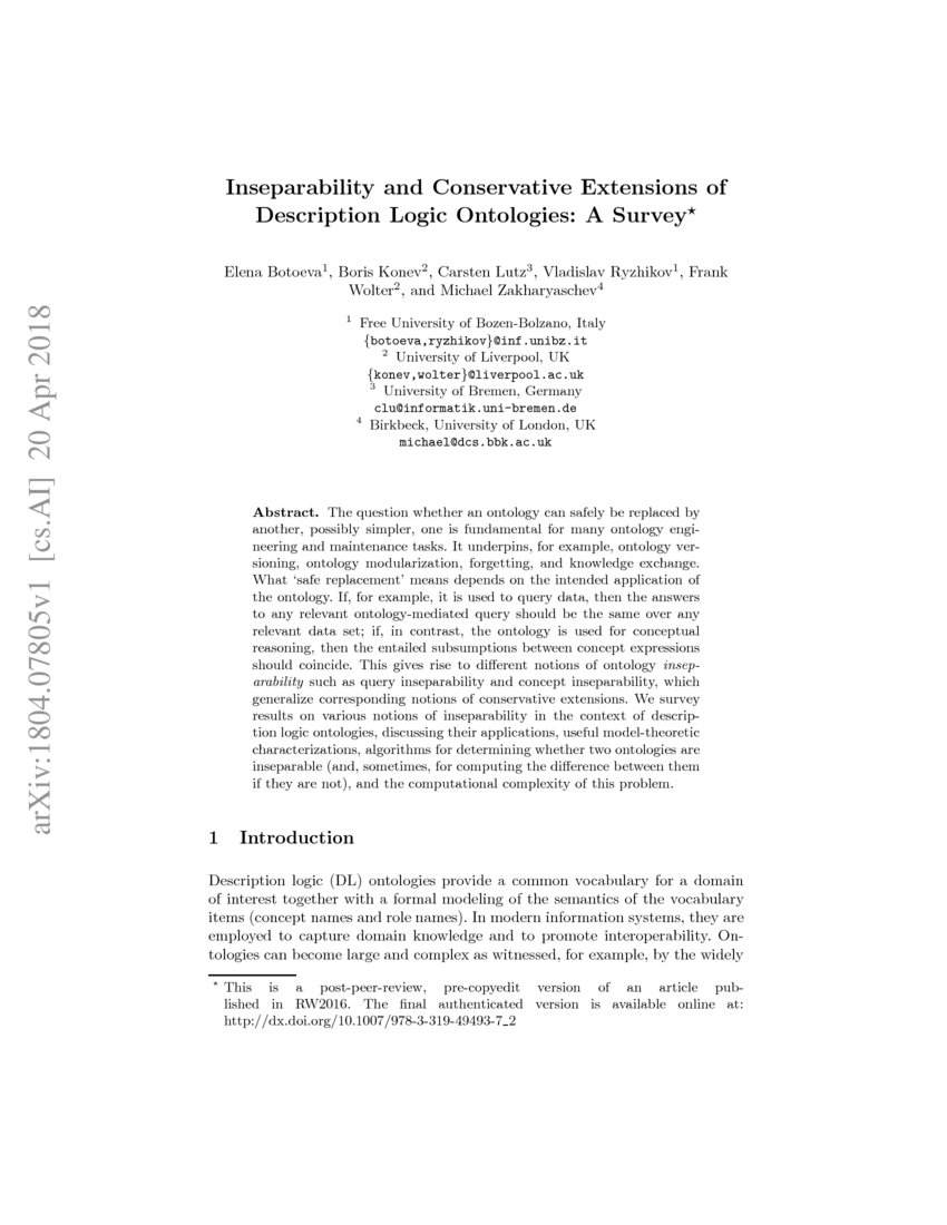 Inseparability And Conservative Extensions Of Description Logic Ontologies A Survey Deepai
