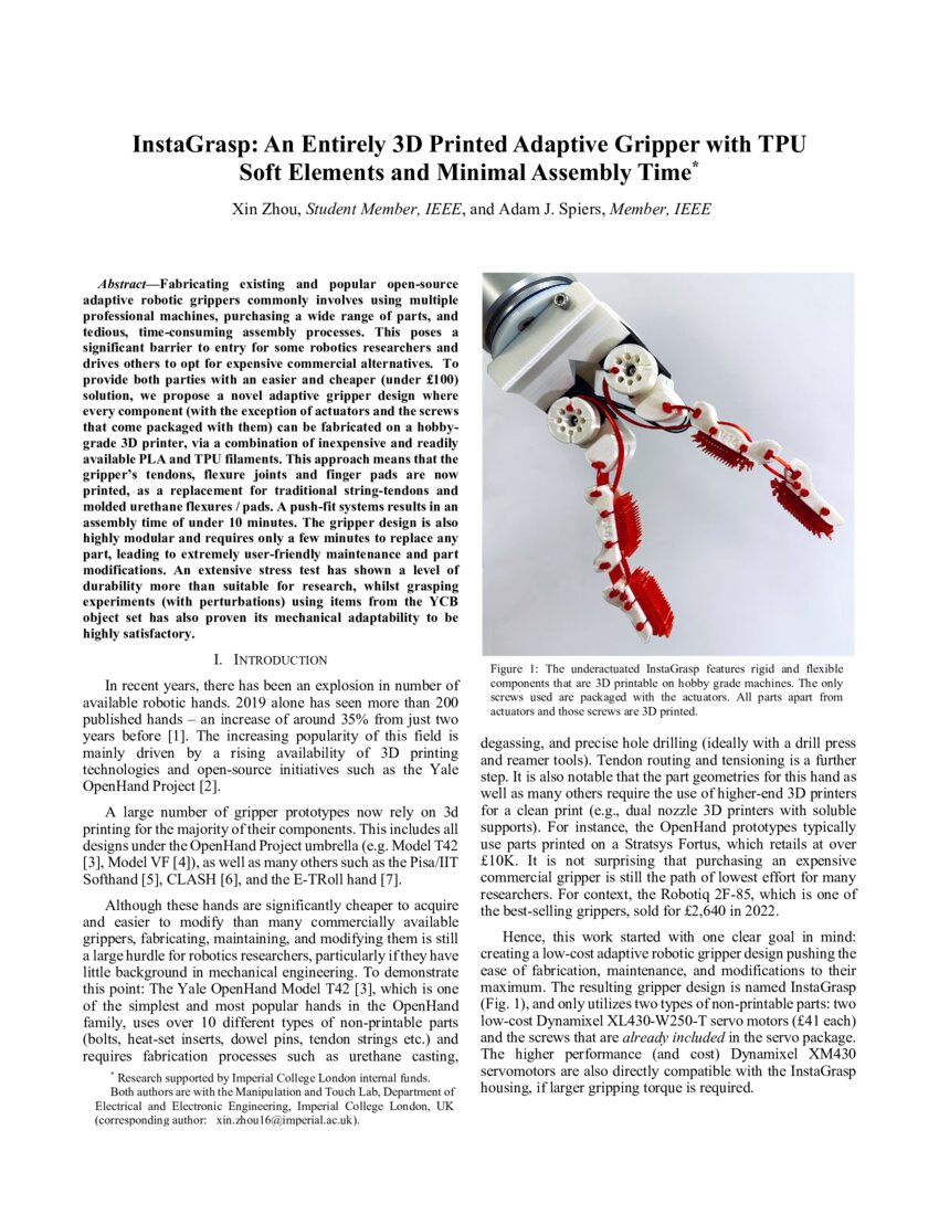 InstaGrasp: An Entirely 3D Printed Adaptive Gripper with TPU Soft Elements and Minimal Assembly ...