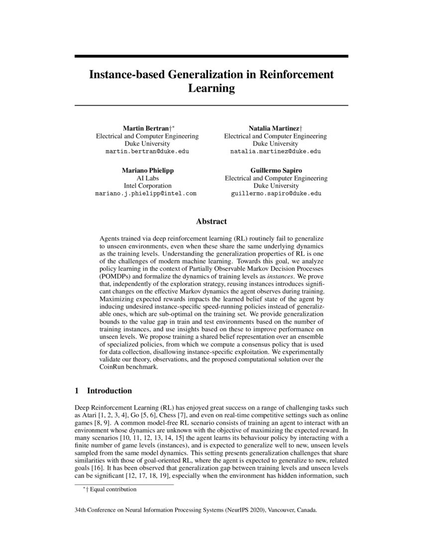 Instance Based Generalization In Reinforcement Learning Deepai