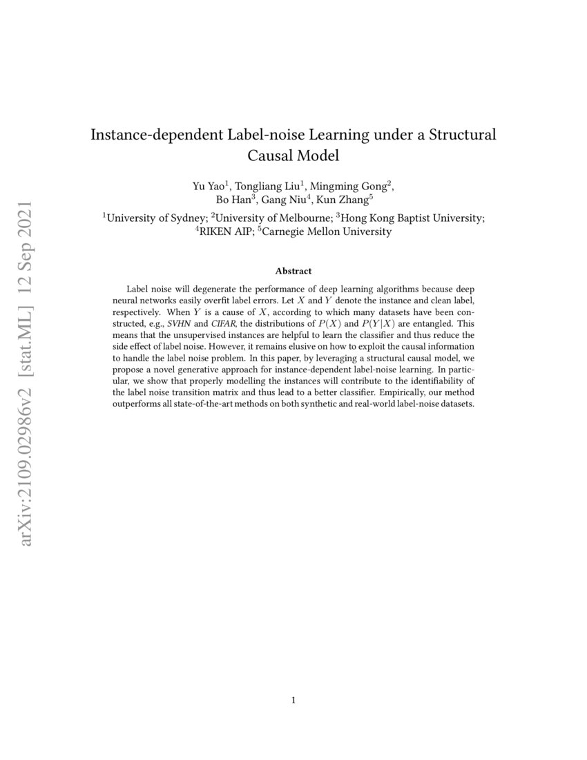 Instance-dependent Label-noise Learning under a Structural Causal Model | DeepAI