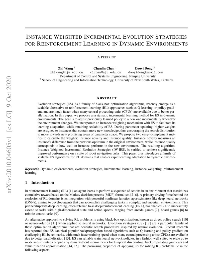 Instance Weighted Incremental Evolution Strategies For Reinforcement Learning In Dynamic