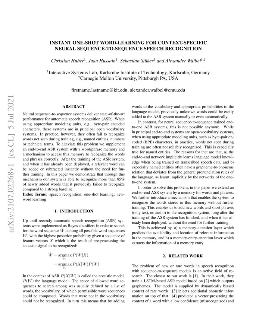Instant One-Shot Word-Learning for Context-Specific Neural Sequence-to-Sequence Speech ...