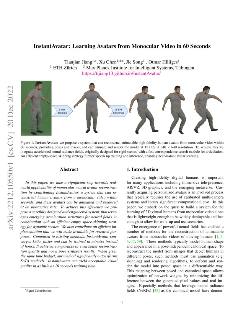 InstantAvatar: Learning Avatars from Monocular Video in 60 Seconds | DeepAI