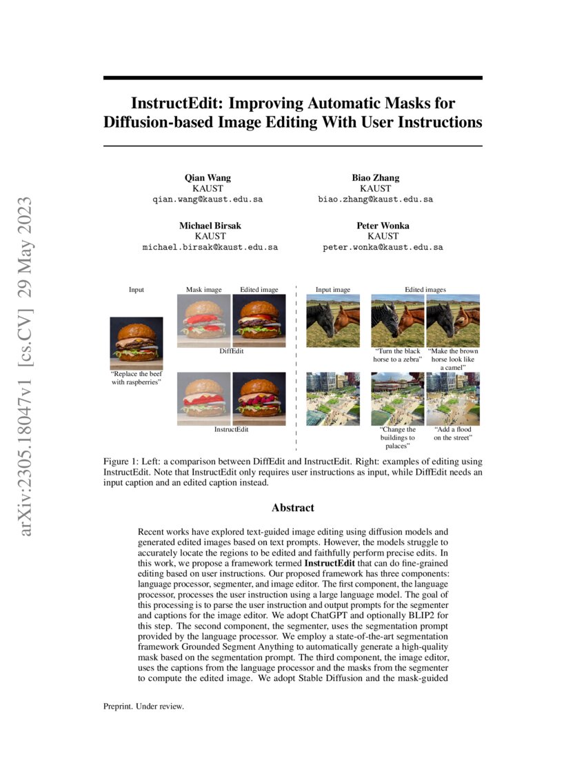 InstructEdit: Improving Automatic Masks for Diffusion-based Image Editing With User Instructions ...