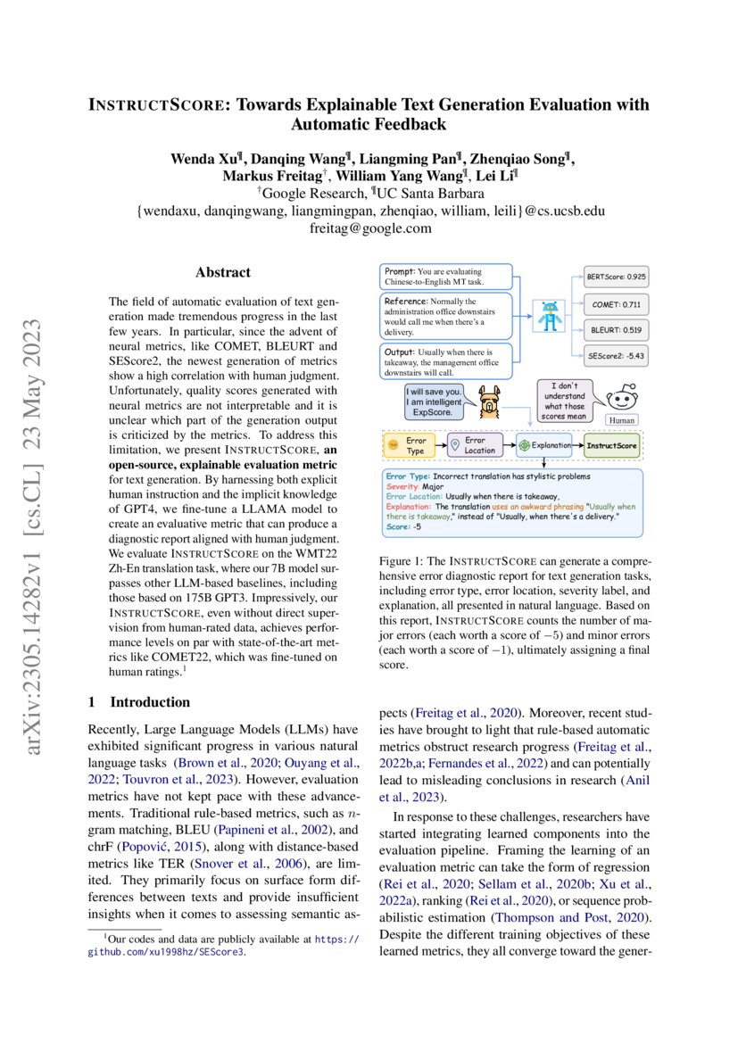 Instructscore Towards Explainable Text Generation Evaluation With Automatic Feedback Deepai 