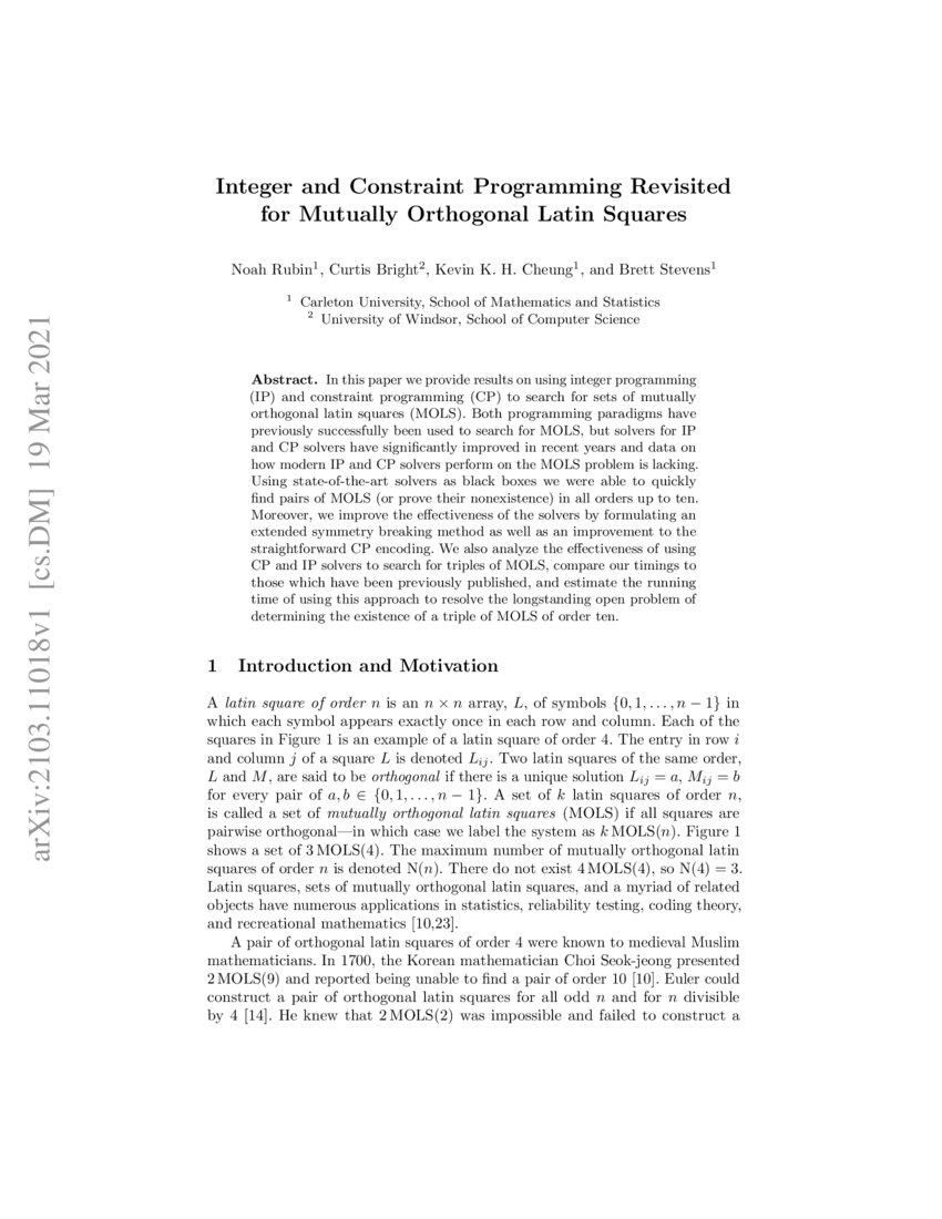 Integer And Constraint Programming Revisited For Mutually Orthogonal 5097