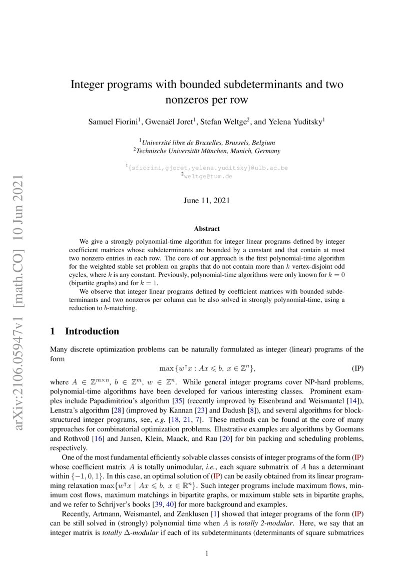 Integer programs with bounded subdeterminants and two nonzeros per row | DeepAI