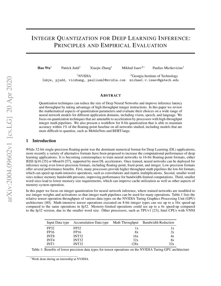 Integer Quantization for Deep Learning Inference: Principles and Empirical Evaluation | DeepAI