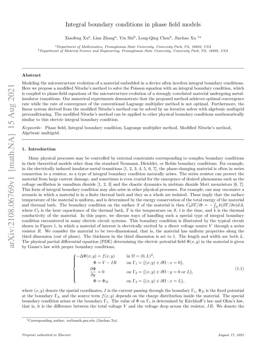 Integral boundary conditions in phase field models | DeepAI