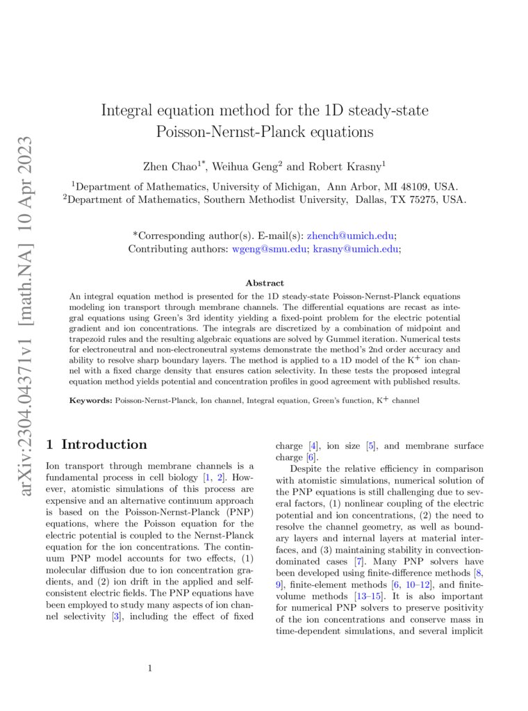 Integral equation method for the 1D steady-state Poisson-Nernst-Planck ...