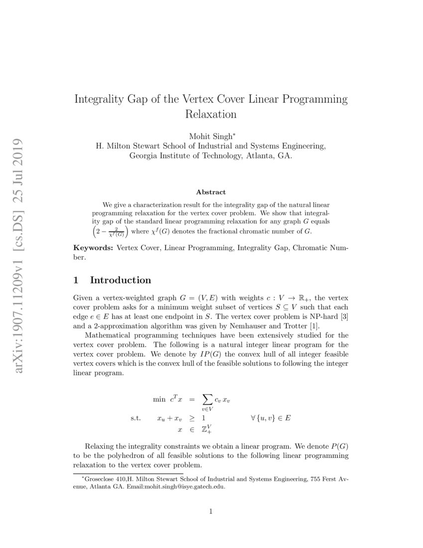 Integrality Gap Of The Vertex Cover Linear Programming Relaxation Deepai