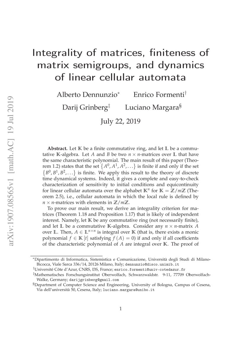 Integrality Of Matrices Finiteness Of Matrix Semigroups And Dynamics