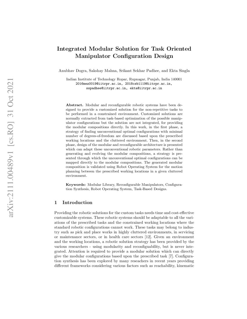Integrated Modular Solution for Task Oriented Manipulator Configuration Design | DeepAI
