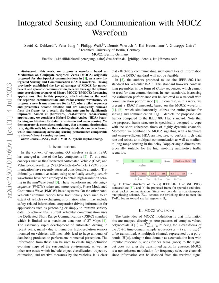 Integrated Sensing and Communication with MOCZ Waveform | DeepAI