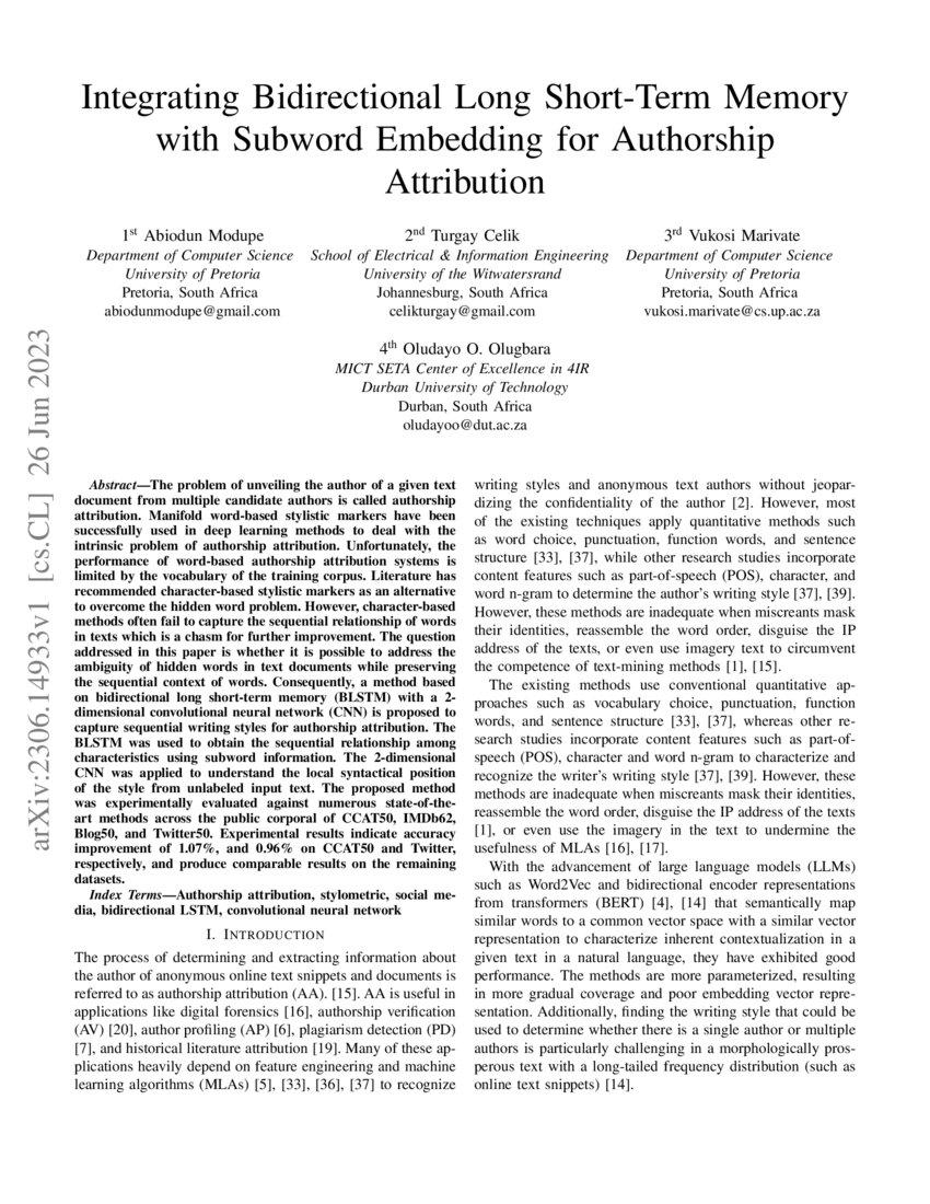 Integrating Bidirectional Long Short Term Memory With Subword Embedding