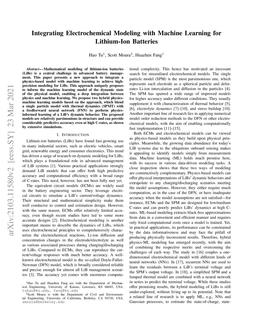 Integrating Electrochemical Modeling with Machine Learning for Lithium-Ion Batteries | DeepAI