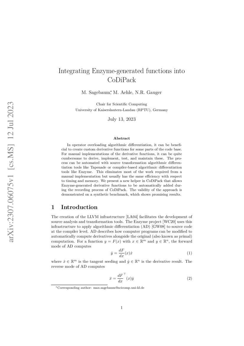Integrating Enzyme-generated functions into CoDiPack | DeepAI