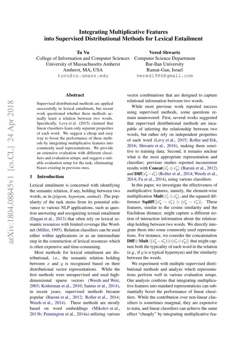 Integrating Multiplicative Features Into Supervised Distributional Methods For Lexical